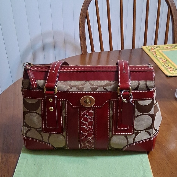 Coach | Bags | Coach Red And Tan Signature Satchel | Poshmark